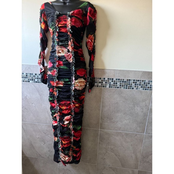 MOLLY GODDARD | Dresses | Molly Goddard Black Red Green Floral Print Ruched Long Sleeve Dress Sz ...